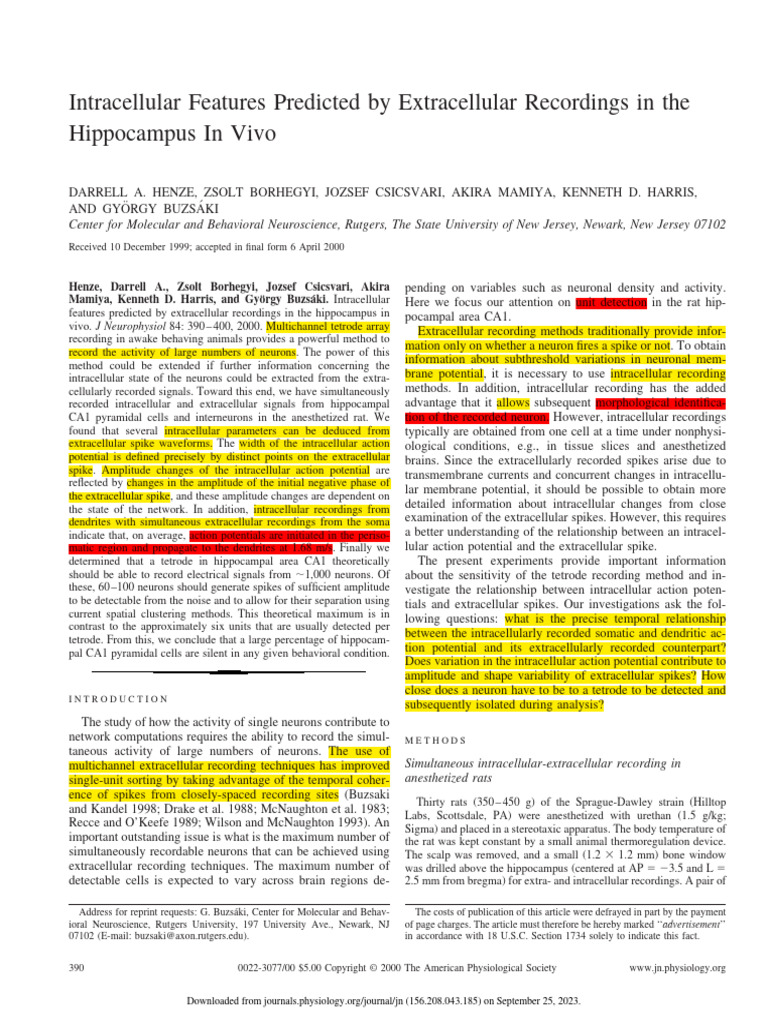 Henze Et Al 2000 Intracellular Features Predicted by Extracellular ...
