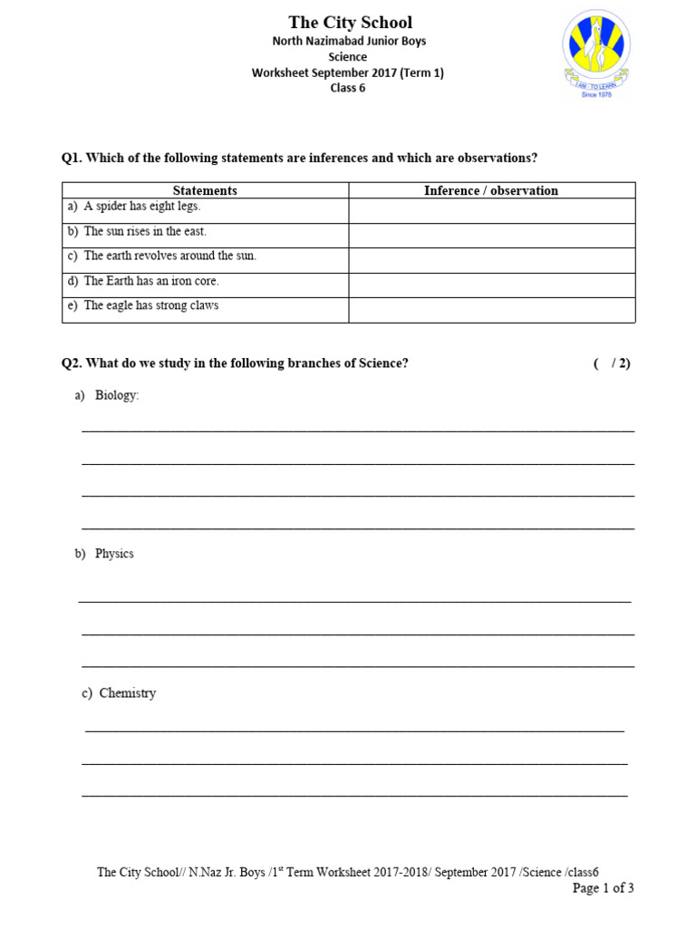 class-6-science-worksheet-sep-2017 | PDF | Water | Distillation
