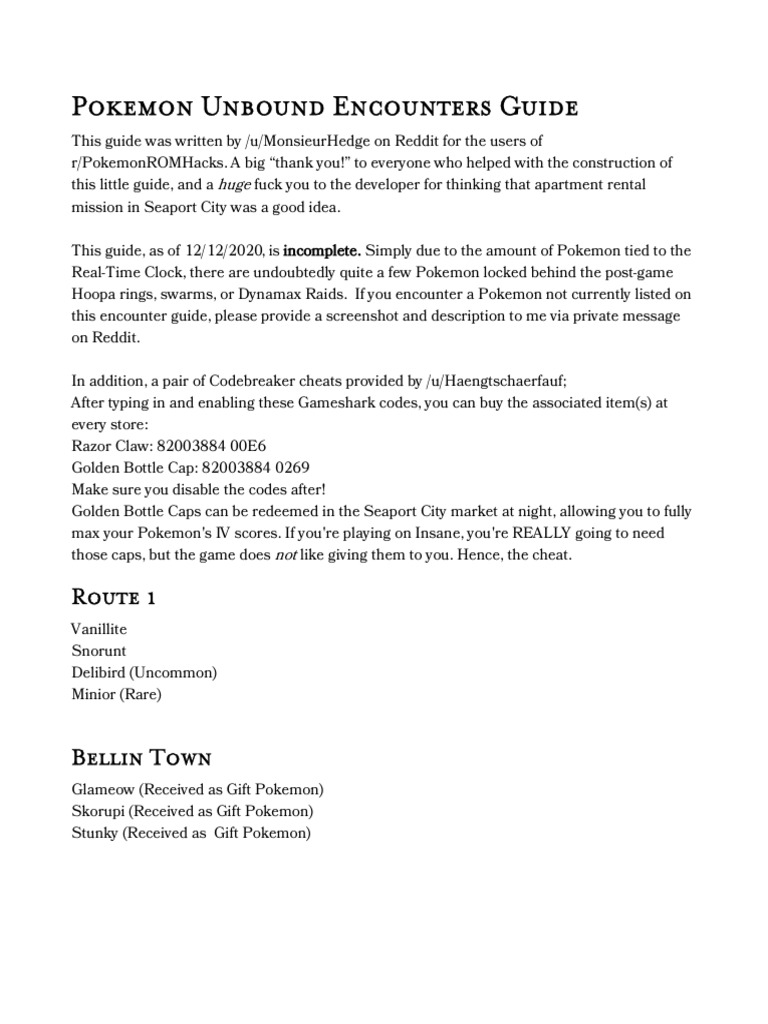 Pokemon Unbound Encounter Data | PDF