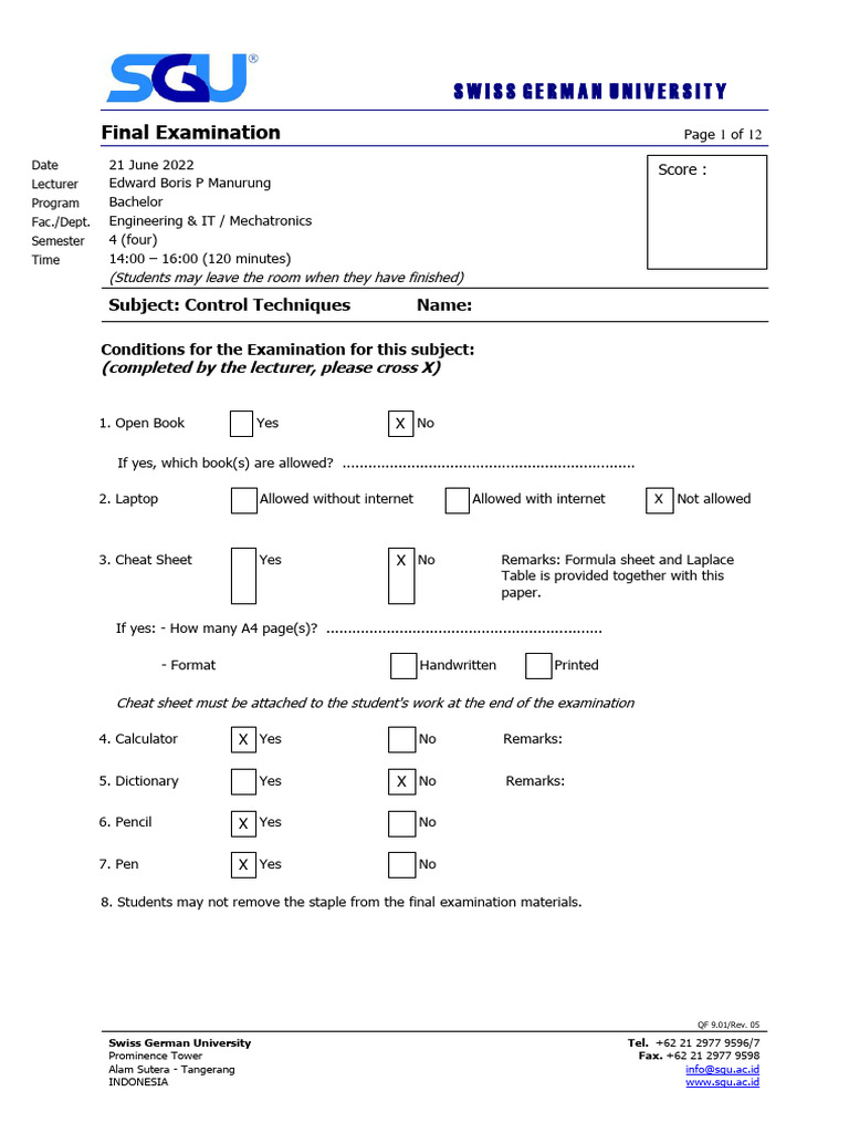 Final Exam-Control Technique | Download Free PDF | Control Theory | Computer Science