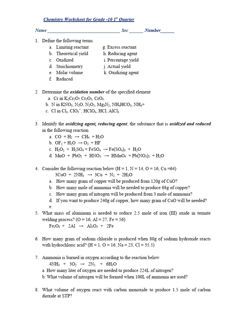 CHEM W.S For G-9&10 | PDF | Significant Figures | Chemical Reactions