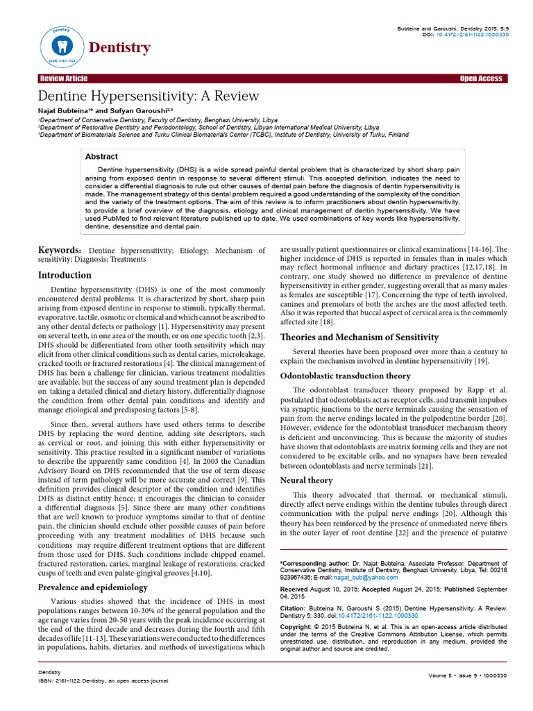 Dentine Hypersensitivity A Review 2161 1122 1000330 | PDF | Dentin ...