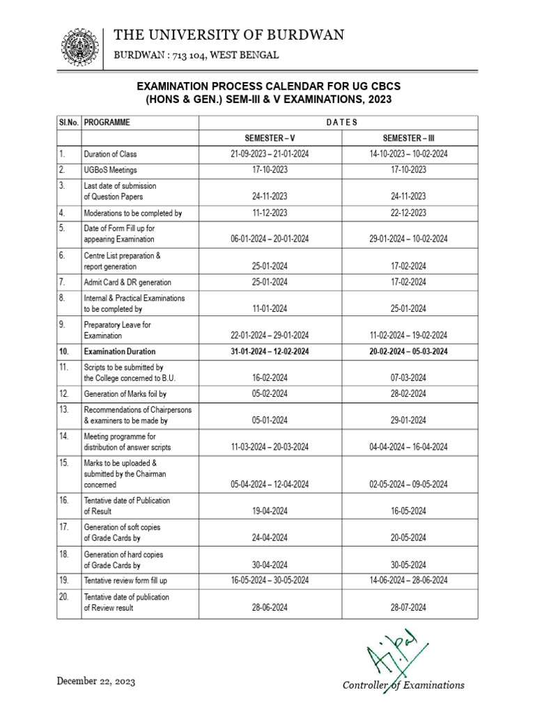 UG Examination Calendar For Sem-V & Sem-III Exam-2023 | PDF