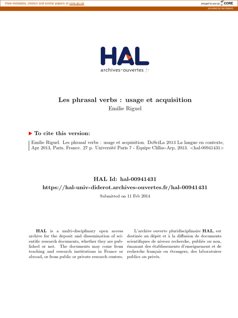 Les Phrasal Verbs: Usage Et Acquisition: Emilie Riguel | PDF