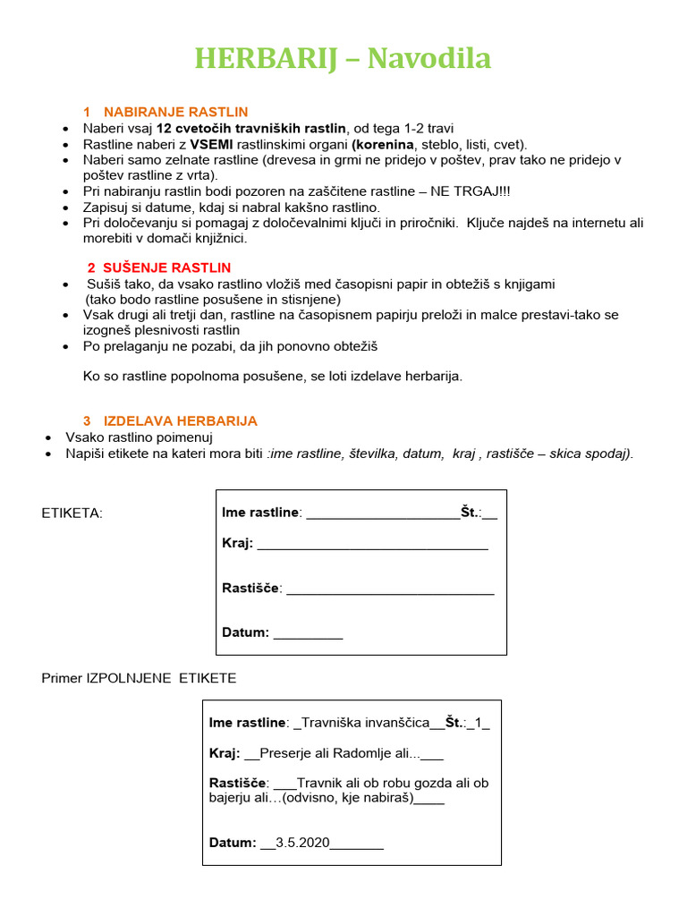Herbarij - Navodila | PDF