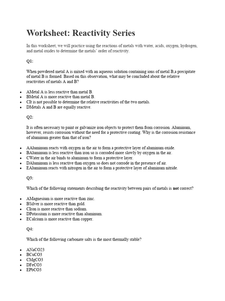 Worksheet Reactivity Series | PDF | Corrosion | Aluminium