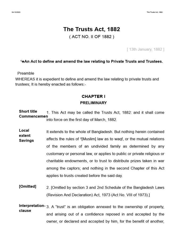 Trusts Act 1882 Overview and Provisions | PDF | Law