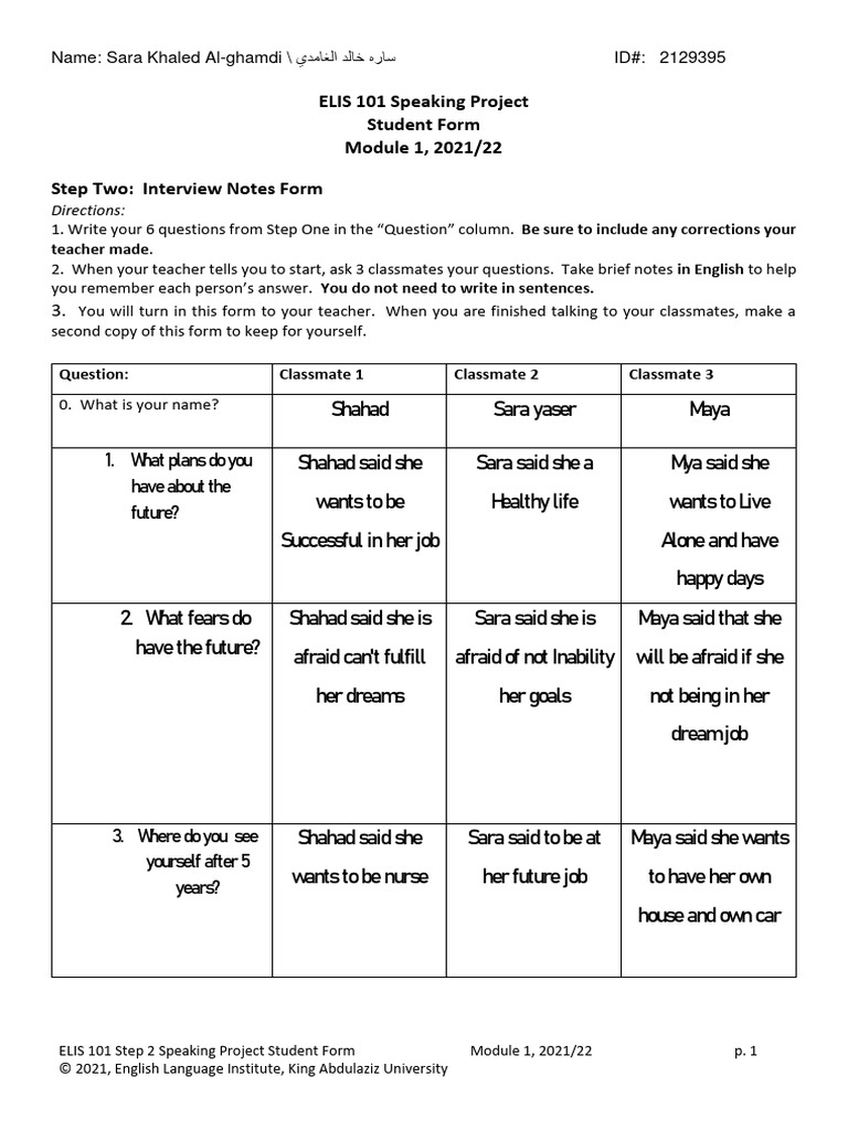 ELIS 101 Step 2 Speaking Project Form Module 1 2021-22 | PDF