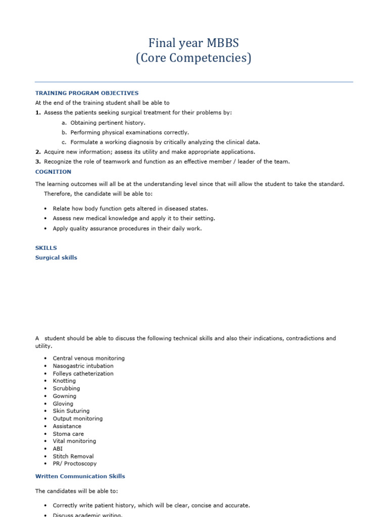 Final Year MBBS Core Competencies | PDF | Career & Growth