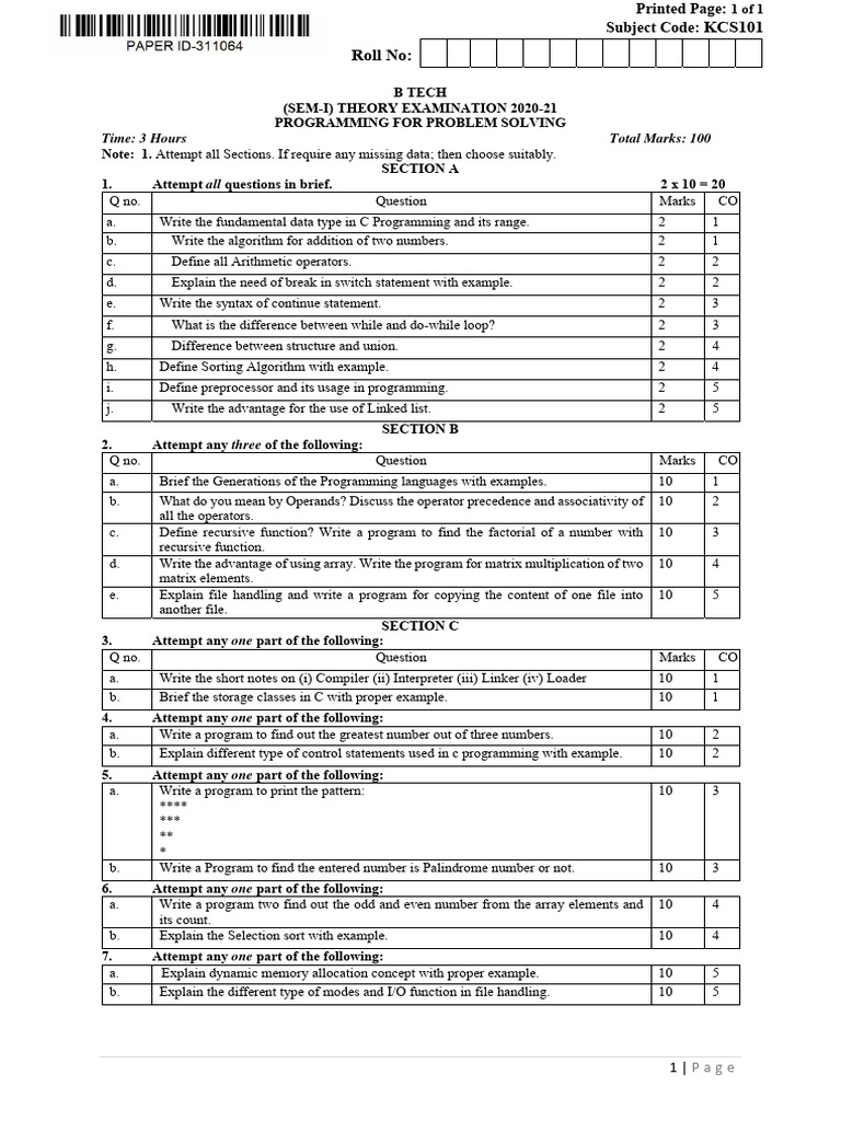 Btech 1 Sem Programming For Problem Solving kcs101 2021 | Download Free ... Btech 1 Sem Programming For Problem Solving kcs101 2021 | Download Free ...