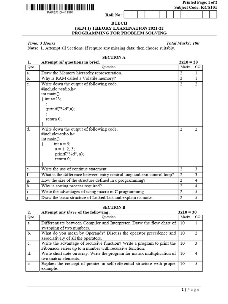 Btech 1 Sem Programming For Problem Solving kcs101 2022 | PDF | Control ... Btech 1 Sem Programming For Problem Solving kcs101 2022 | PDF | Control ...