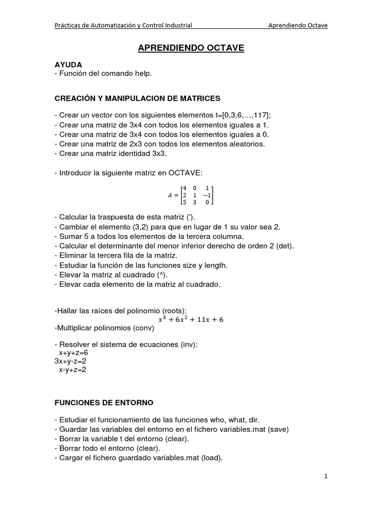 Aprendiendo Octave | PDF | Matriz (Matemáticas) | Determinante