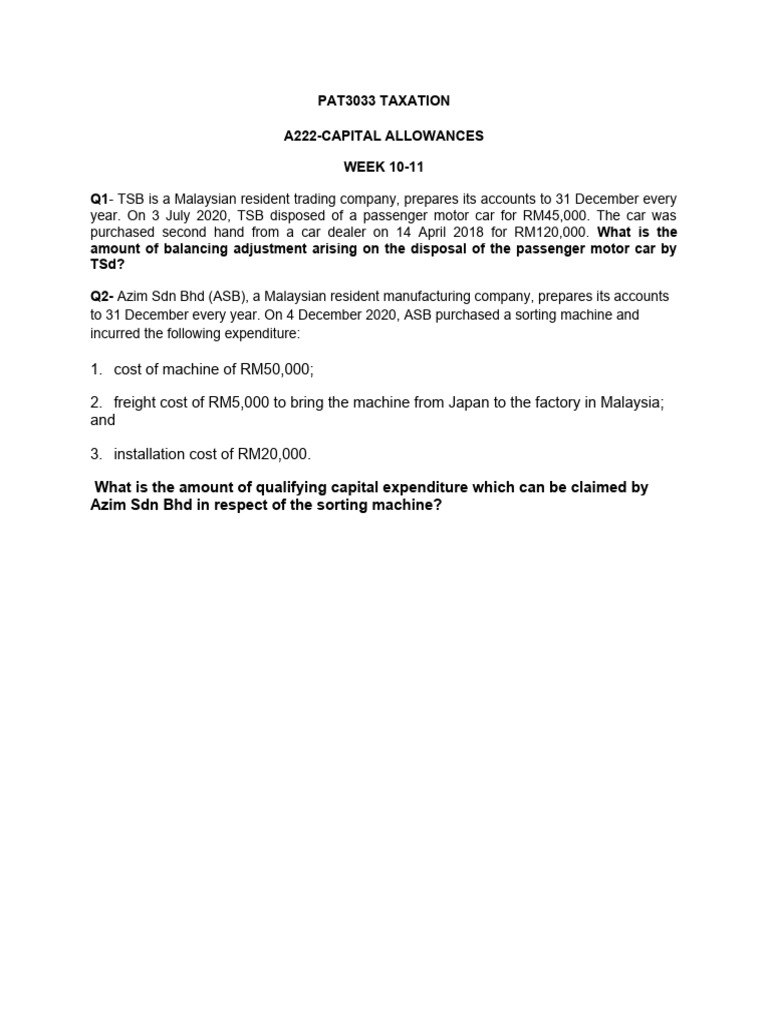 Tutorial Capital Allowance | PDF | Expense | Economies