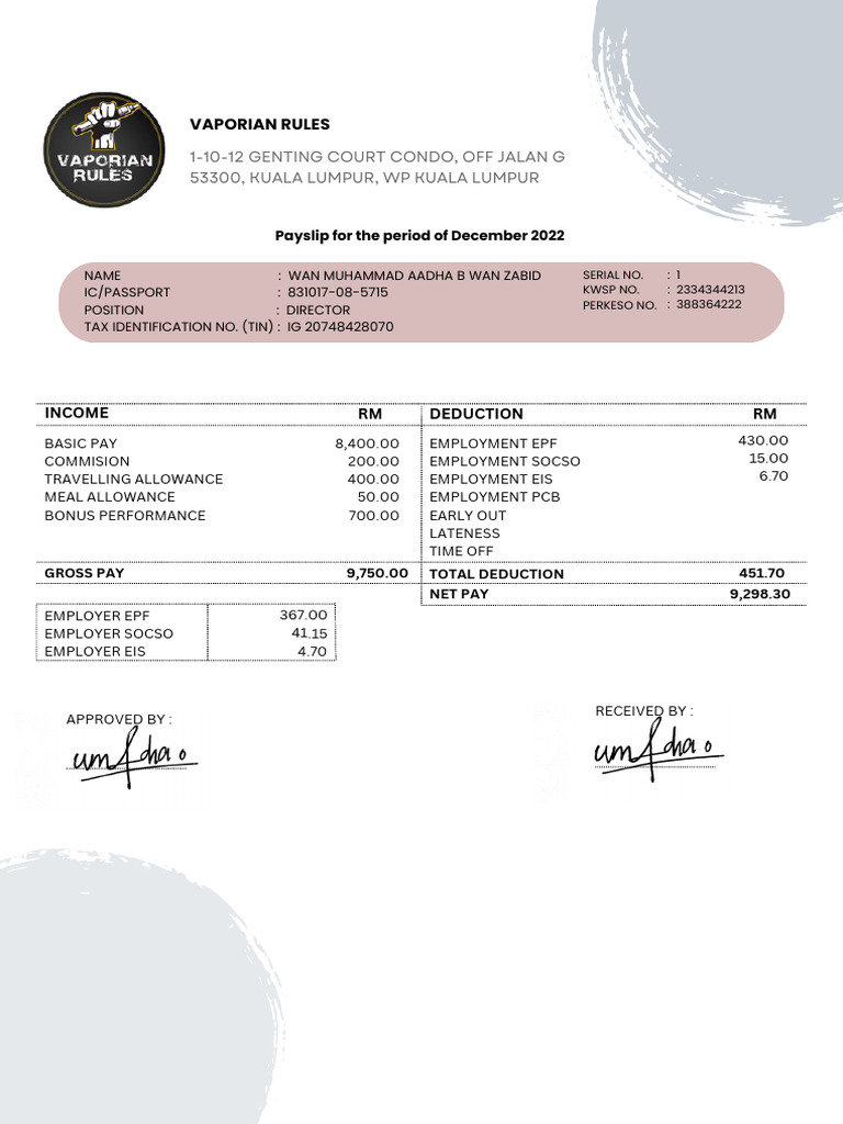 December 2022 Payslip for Director | PDF
