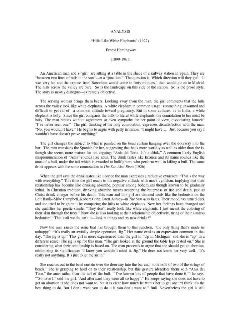 SSTORY Hemingway, Ernest Hills Like White Elephants (1927) Analysis | PDF