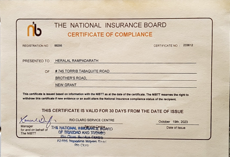 The Natuonal Insurance Board Certificate of Compliance | PDF