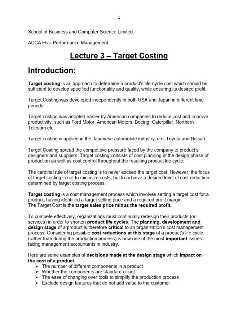 Lecture 3 Target Costing | PDF