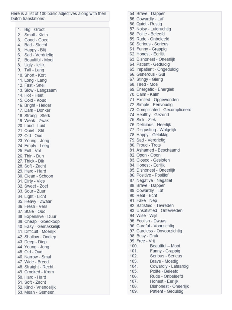 Basic Dutch Adjectives Pdf