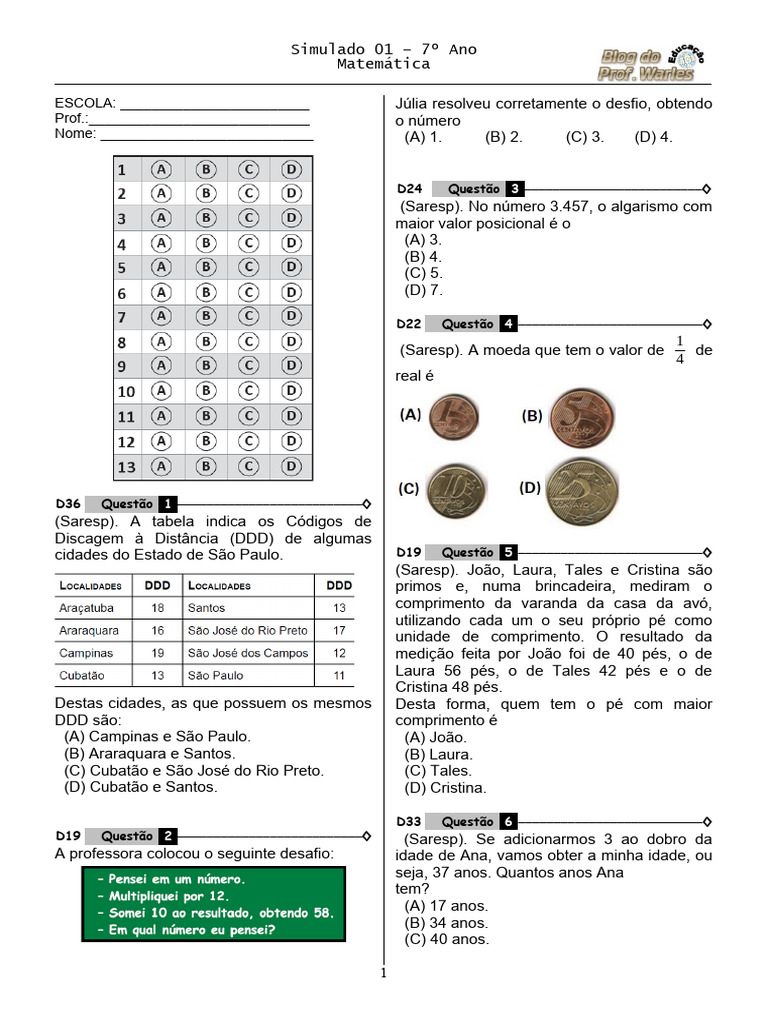 Simulado 01 (Mat. 7º Ano) - BPW | PDF Simulado 01 (Mat. 7º Ano) - BPW | PDF