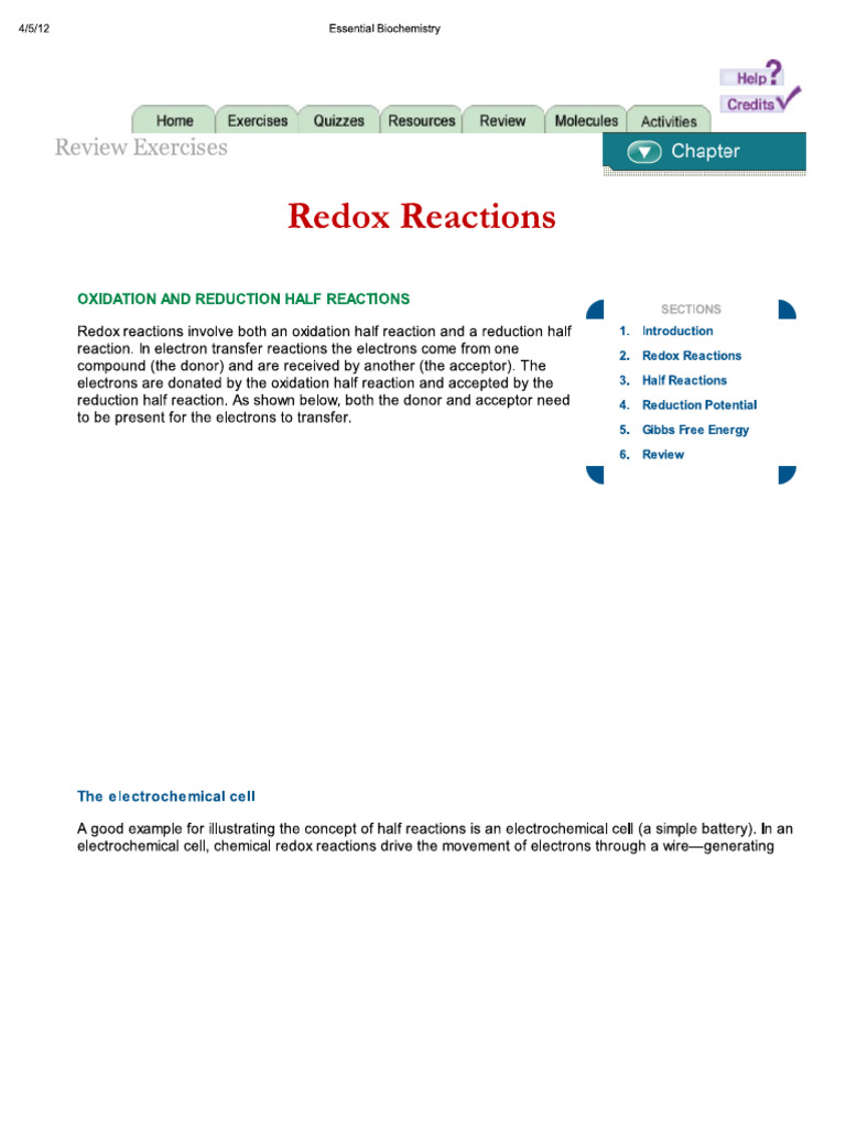 Essential Biochemistry Redox Half Reactions | PDF