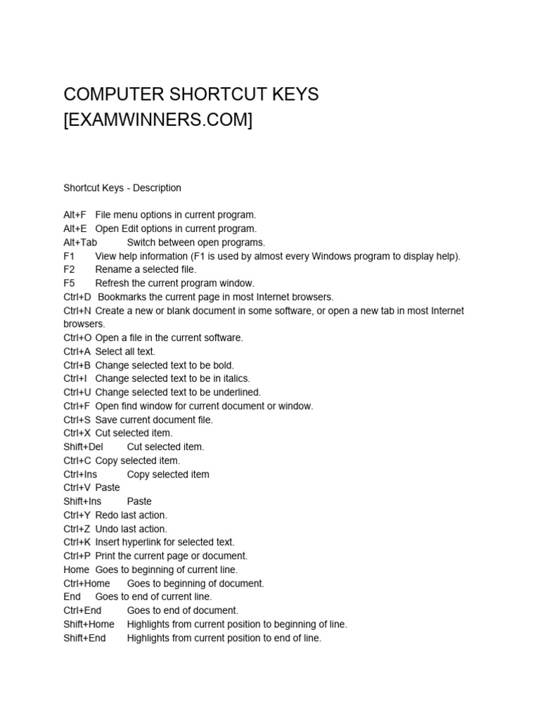 Computer Shortcut Keys - Computer Literacy Learning | PDF | Microsoft ...