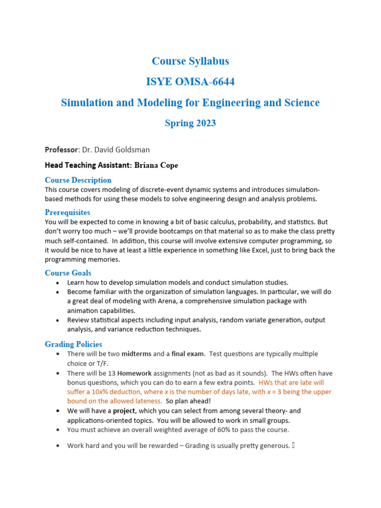 OMSA ISYE6644 Syllabus Spring2023 | PDF | Probability Distribution ...
