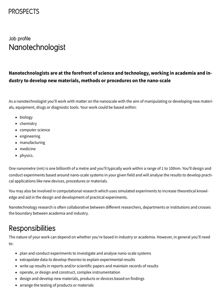 Nanotechnologist Career Guide | PDF | Nanotechnology | Science