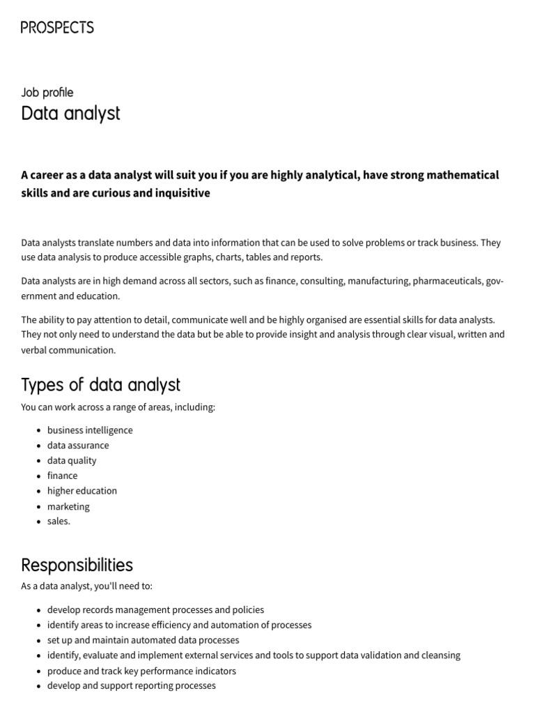 Data Analyst Job Profile - Prospects - Ac.uk | PDF | Data Analysis | Intelligence Analysis