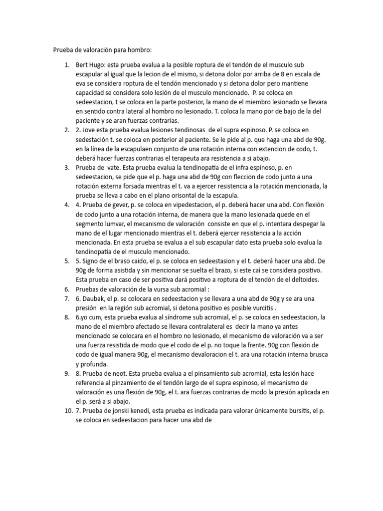 Prueba de Valoración para Hombro | Descargar gratis PDF | Hombro | Tendón