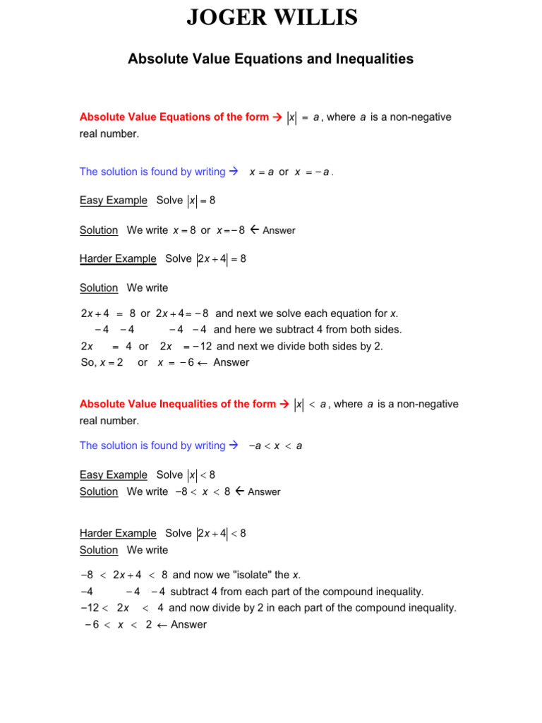 Joger Willis Absolute Value Equations and Inequalities | PDF | Teaching ...
