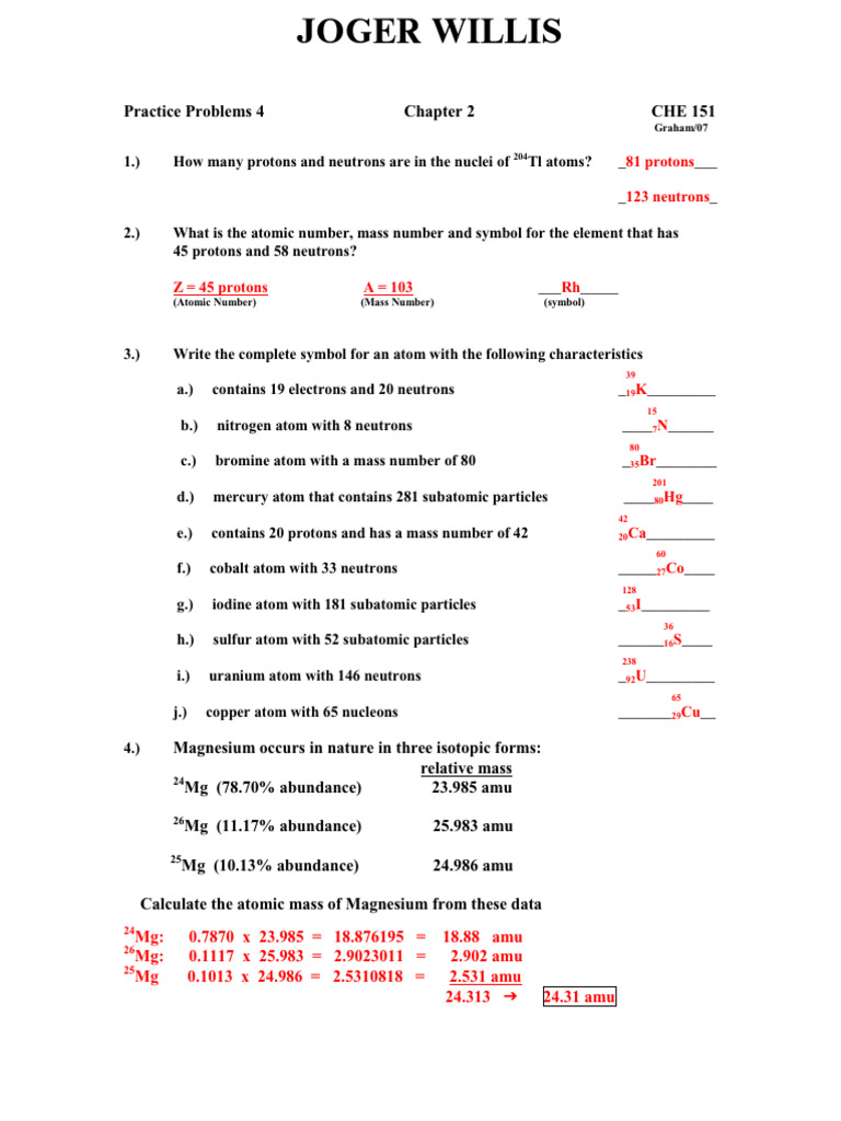 Jorge Willis Guide Practice Problems 1 (Atomic Number) | PDF | Atoms | Neutron