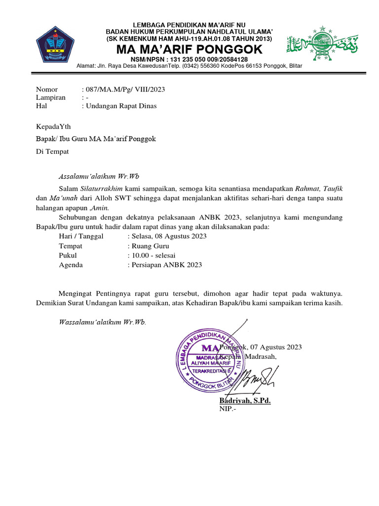 Surat Rapat Dinas Persiapan Anbk | PDF