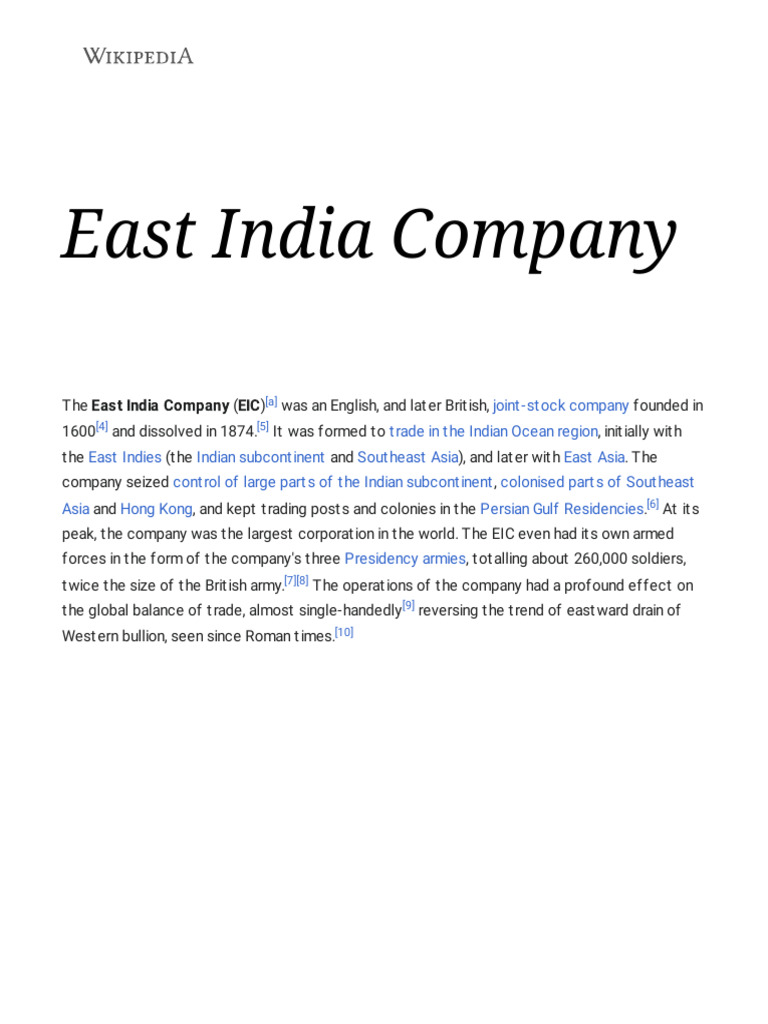 East India Company - Wikipedia | PDF | East India Company