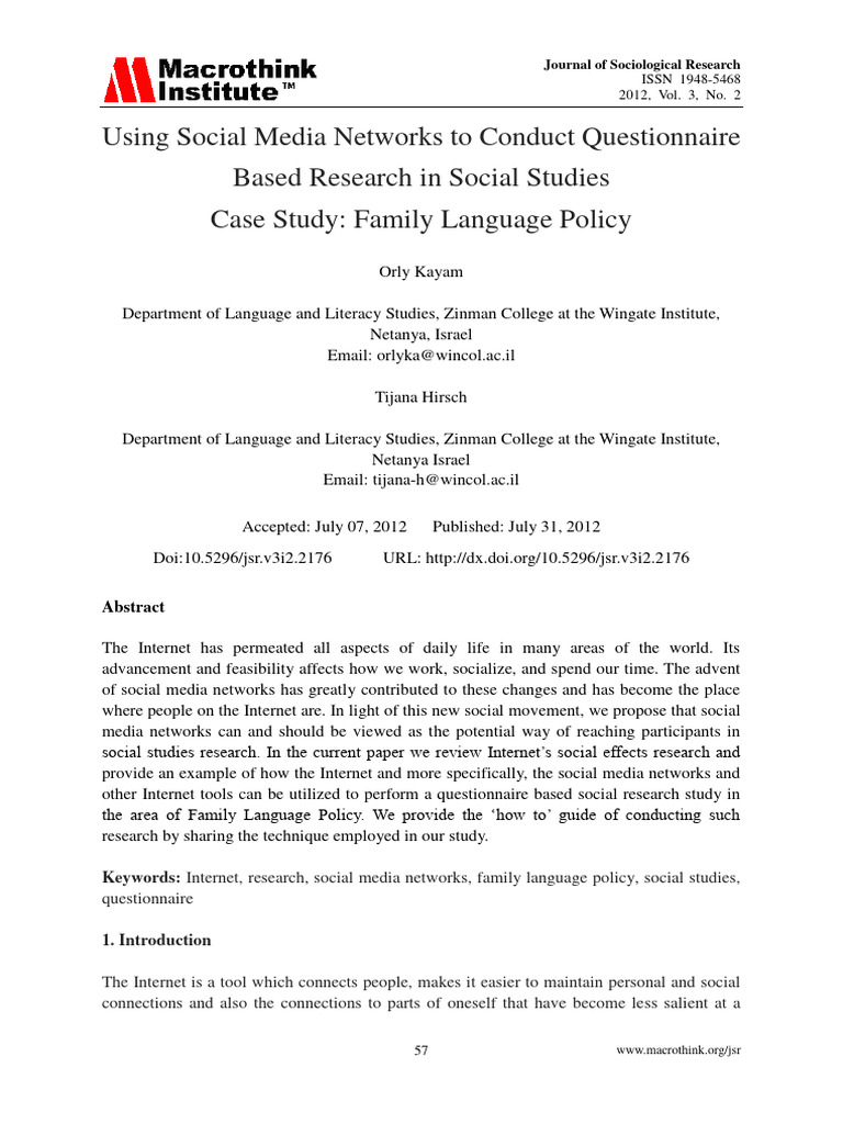 Using Social Media Networks To Conduct Questionnaire Based Research in Social Studies Case Study ...