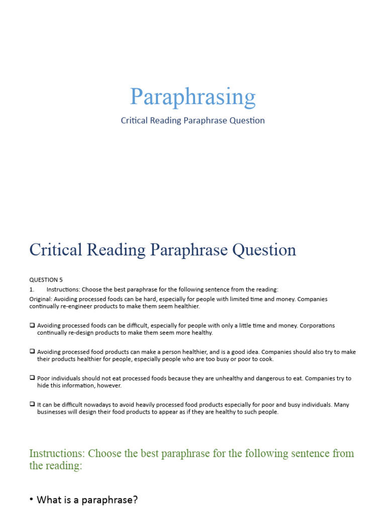 Critical Reading Paraphrase Question | PDF | Convenience Food