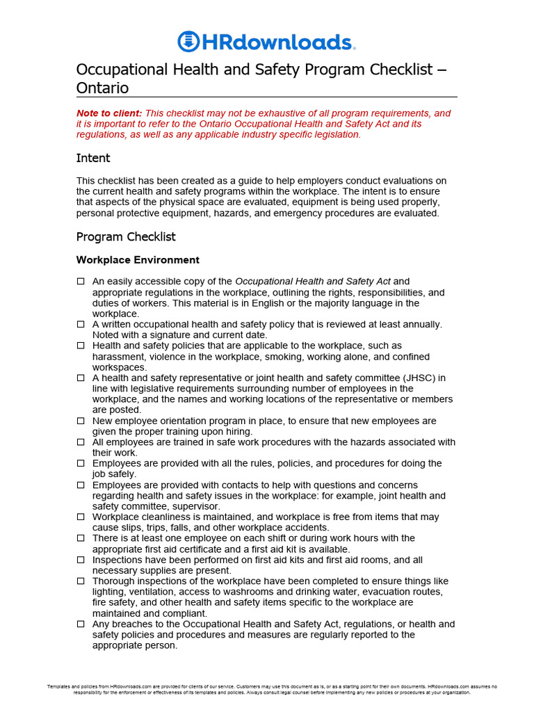 Occupational Health and Safety Program Checklist - Ontario | PDF