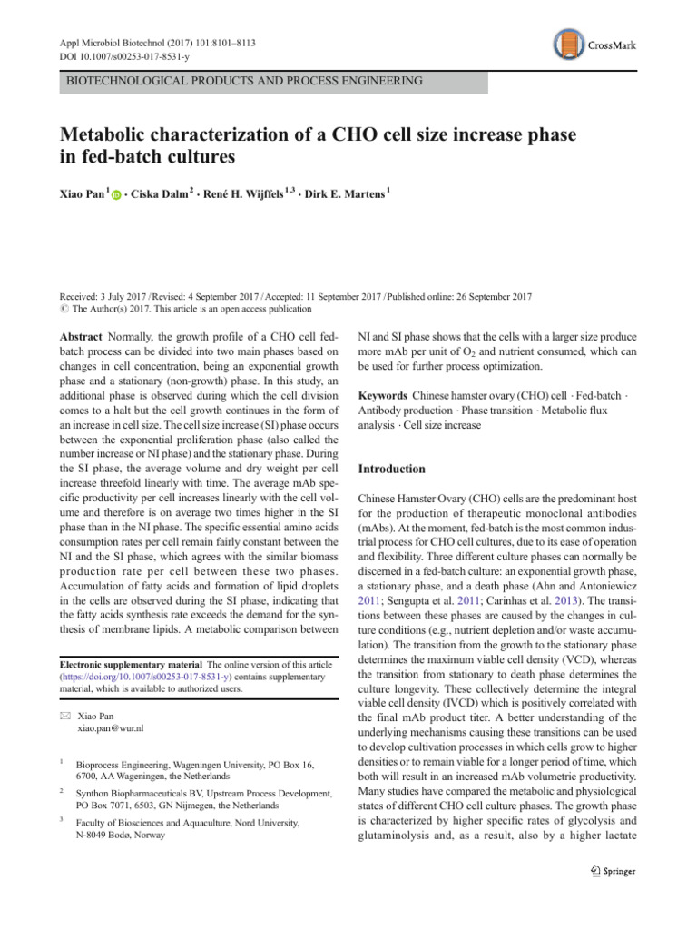 Metabolic Characterization of A CHO Cell Size Increase Phase in Fed ...