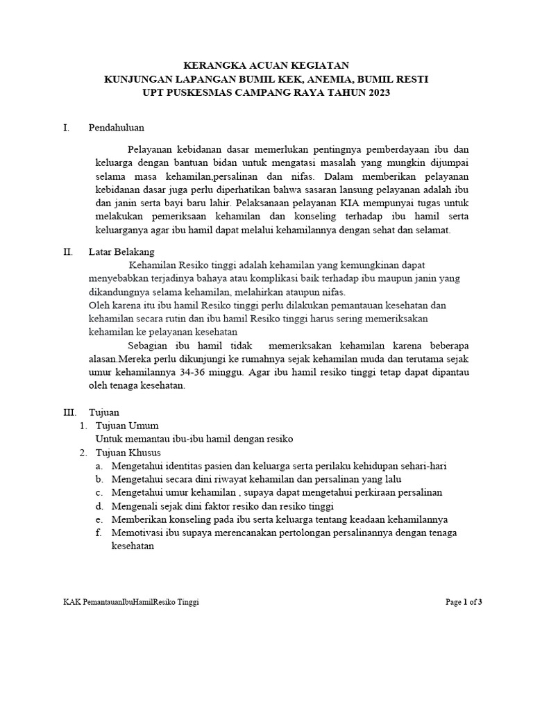 4.KAK Kunjungan Lapangan Bumil Kek, Anemia, Bumil Resti 2023 | PDF 4.KAK Kunjungan Lapangan Bumil Kek, Anemia, Bumil Resti 2023 | PDF