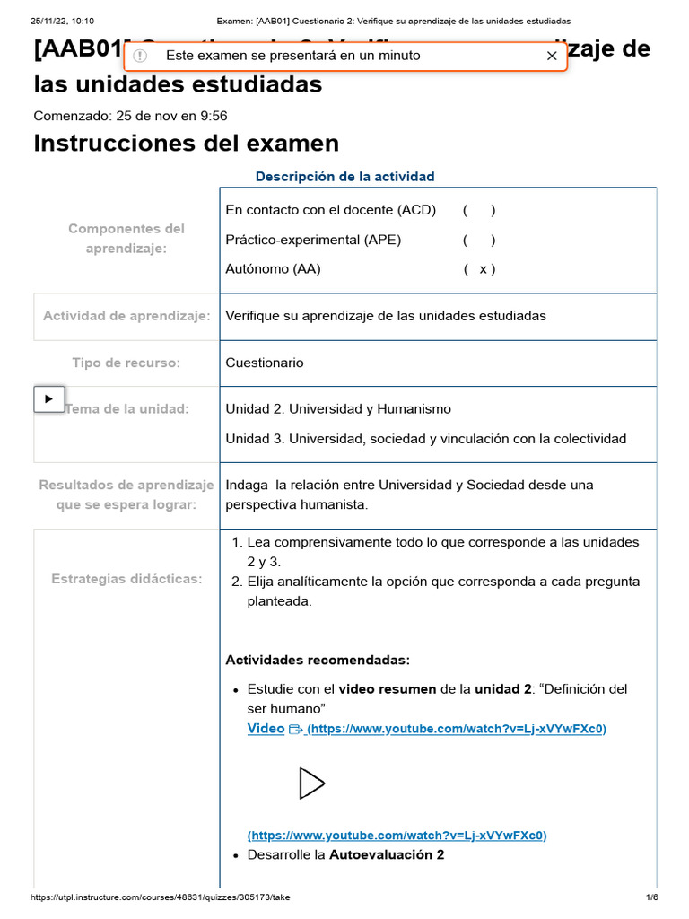 Examen - (AAB01) Cuestionario 2 - Verifique Su Aprendizaje de Las Unidades Estudiadas | PDF ...