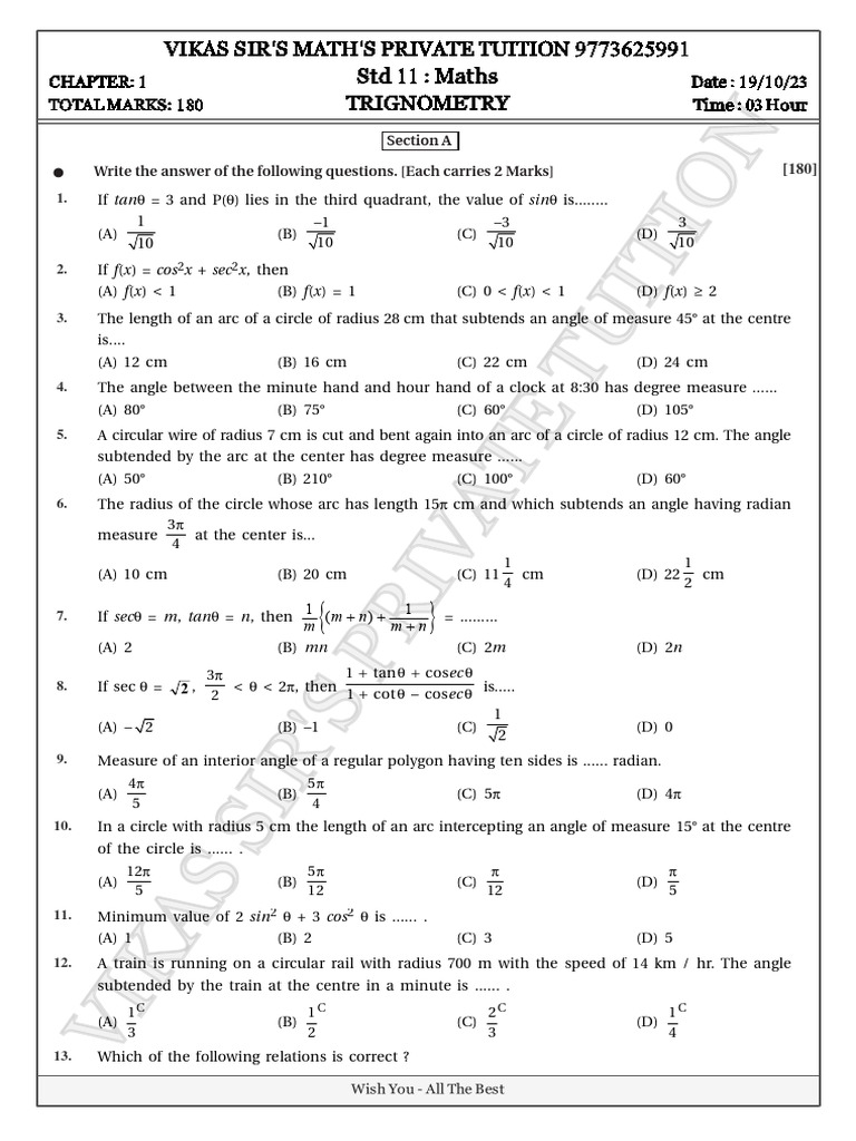 Trigonometry Worksheet with Answers | PDF | Angle | Elementary Geometry
