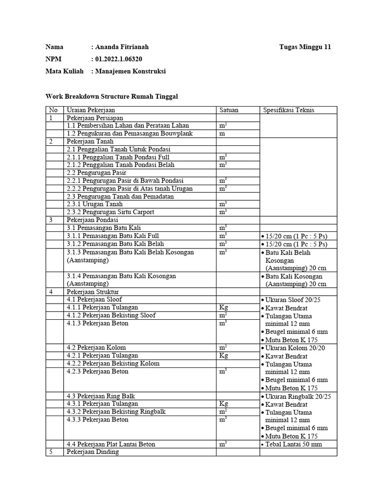 Contoh WBS Proyek Rumah Tinggal | PDF
