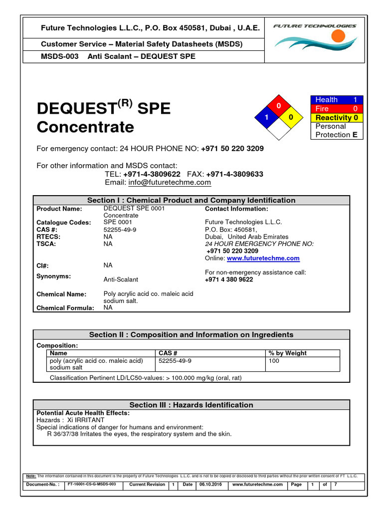 DEQUEST SPE Anti-Scalant MSDS | PDF | Personal Protective Equipment | Water