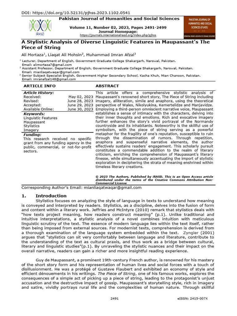 A Stylistic Analysis of Diverse Linguistic Features in Maupassant's The ...