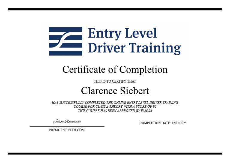 Certificate: ELDT Class A Completion | PDF