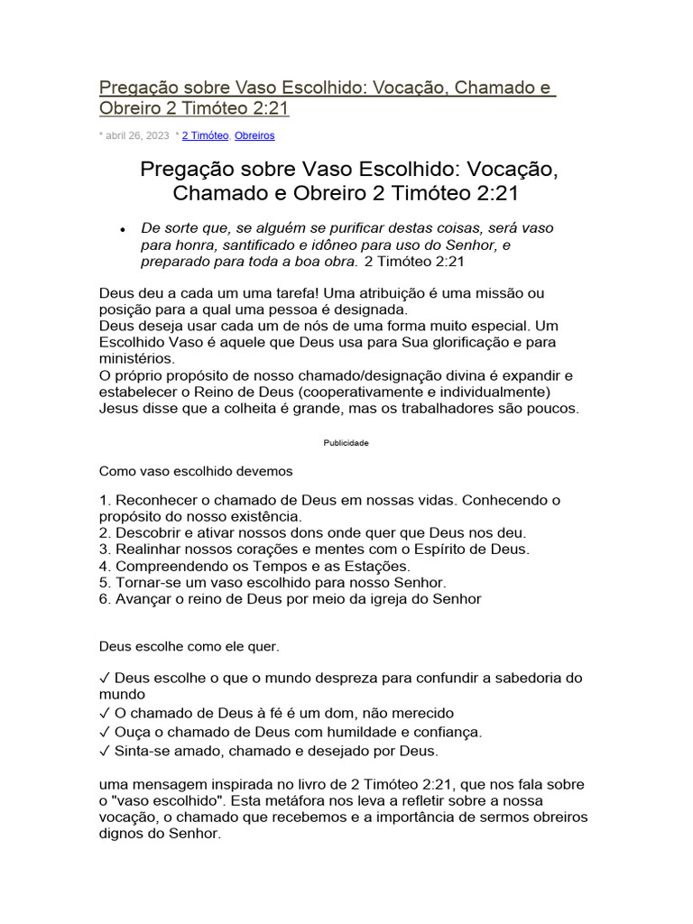 Pregação Sobre Vaso Escolhido Pdf