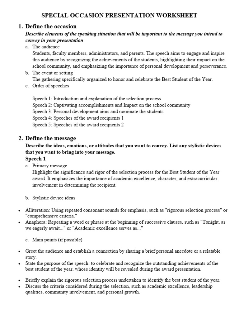 SPECIAL OCCASION PRESENTATION WORKSHEET For Group Work | PDF ...