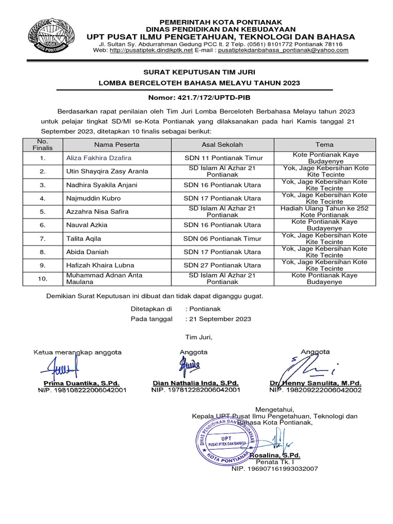 Surat Keputusan Tim Juri 10 Besar LBBM 2023 | PDF
