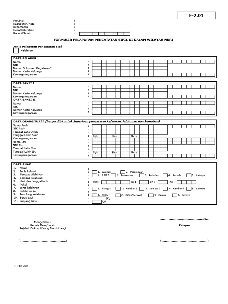 F-2.01 - Formulir Pengajuan Akte Kelahiran | PDF