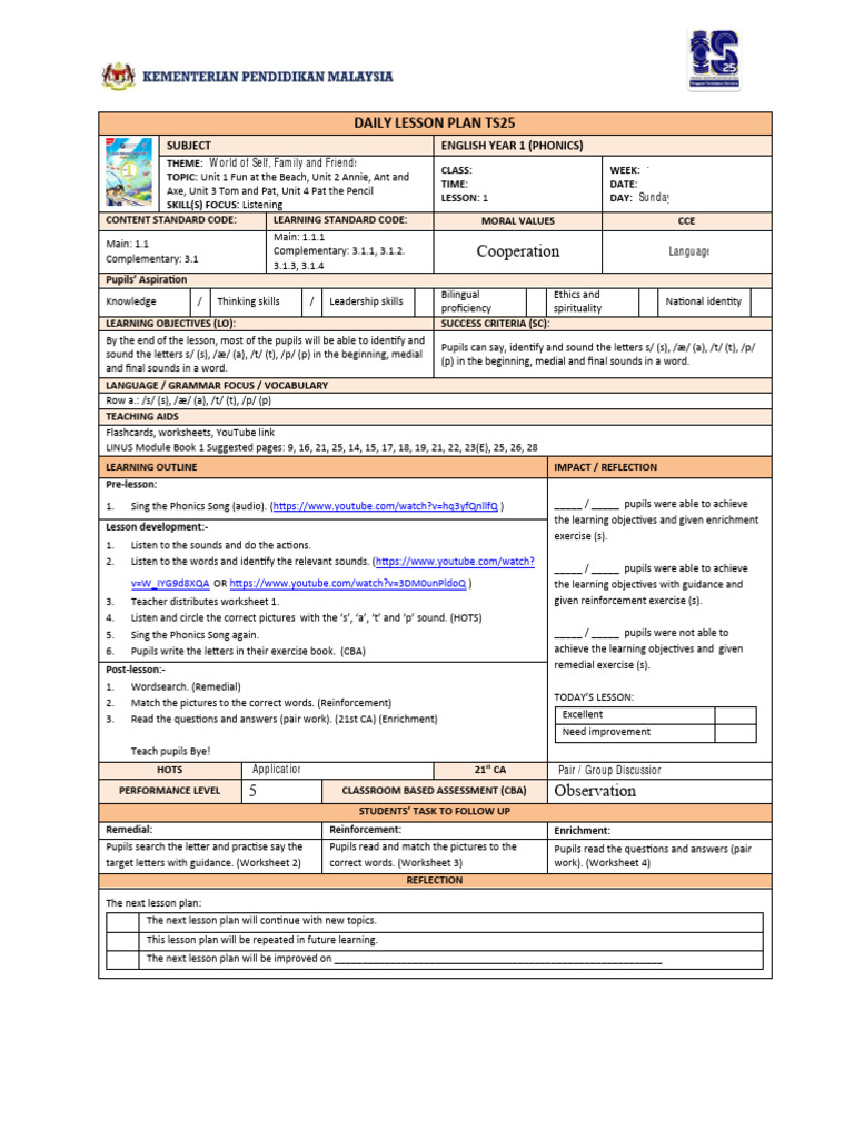 BI Y1 LP TS25 - Phonics | PDF | Lesson Plan | Phonics