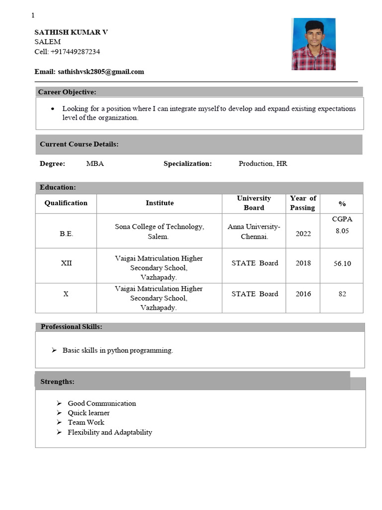 Sathish Resume PDF | PDF | Cognitive Science | Behavior Modification